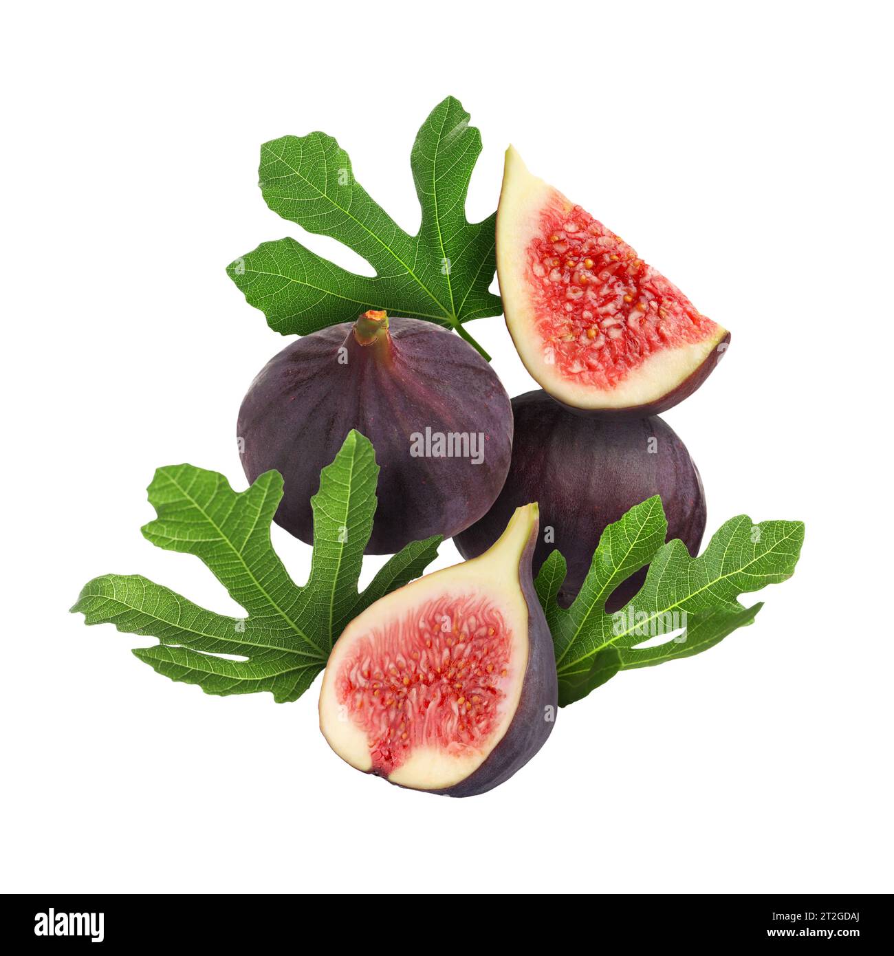 Fresh figs and green leaves falling on white background Stock Photo - Alamy