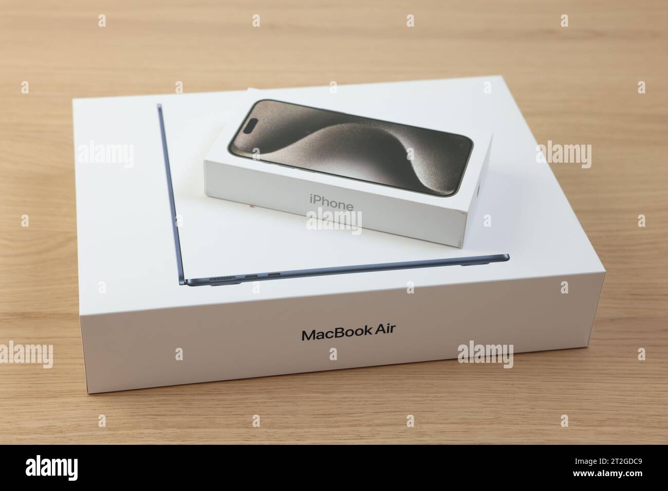 Leiden, Netherlands - October 6, 2023: Boxes with modern MacBook Air ...