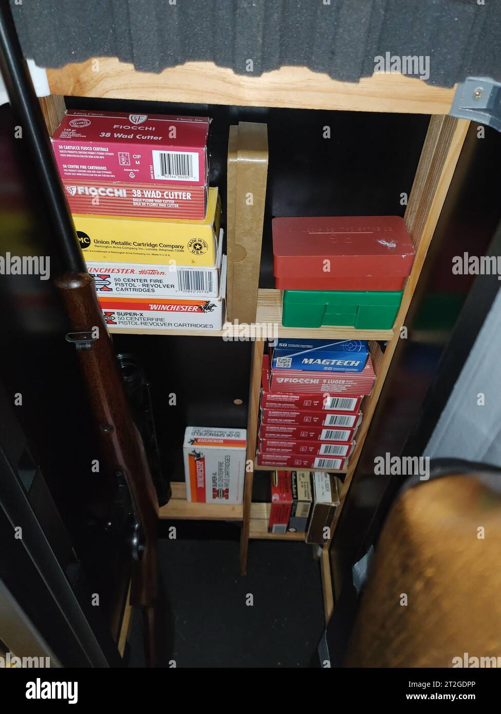 Detail of the organization of a safe inside, wooden shelves have been ...