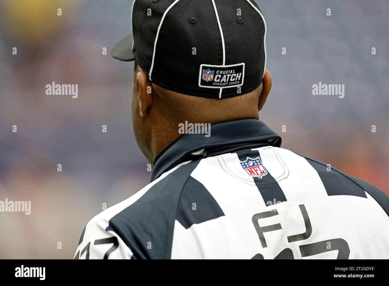 Field judge John Jenkins (117) wears a hat with the Crucial Catch ...