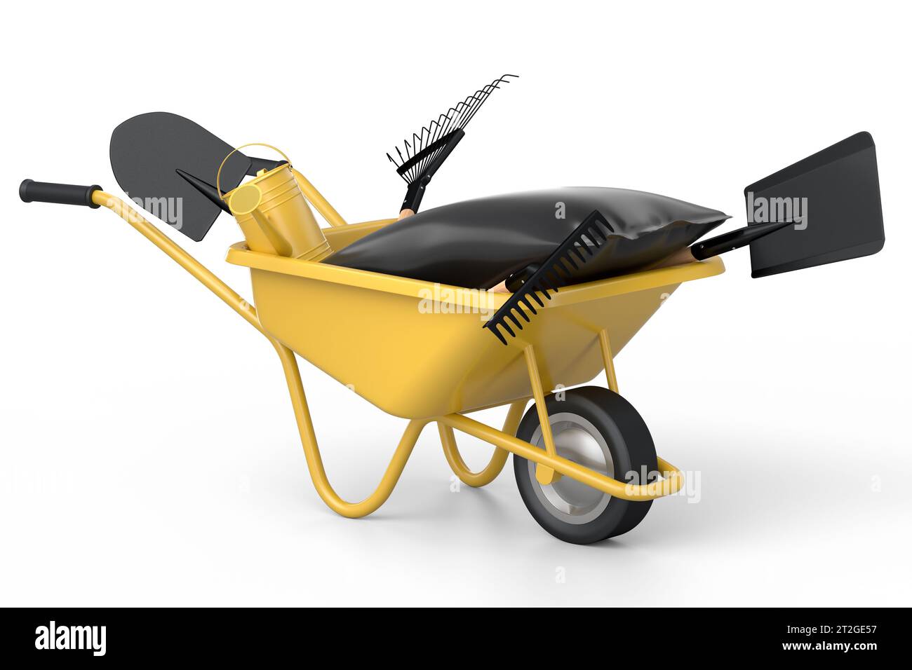 Garden wheelbarrow with garden tools like shovel, watering can and fork ...