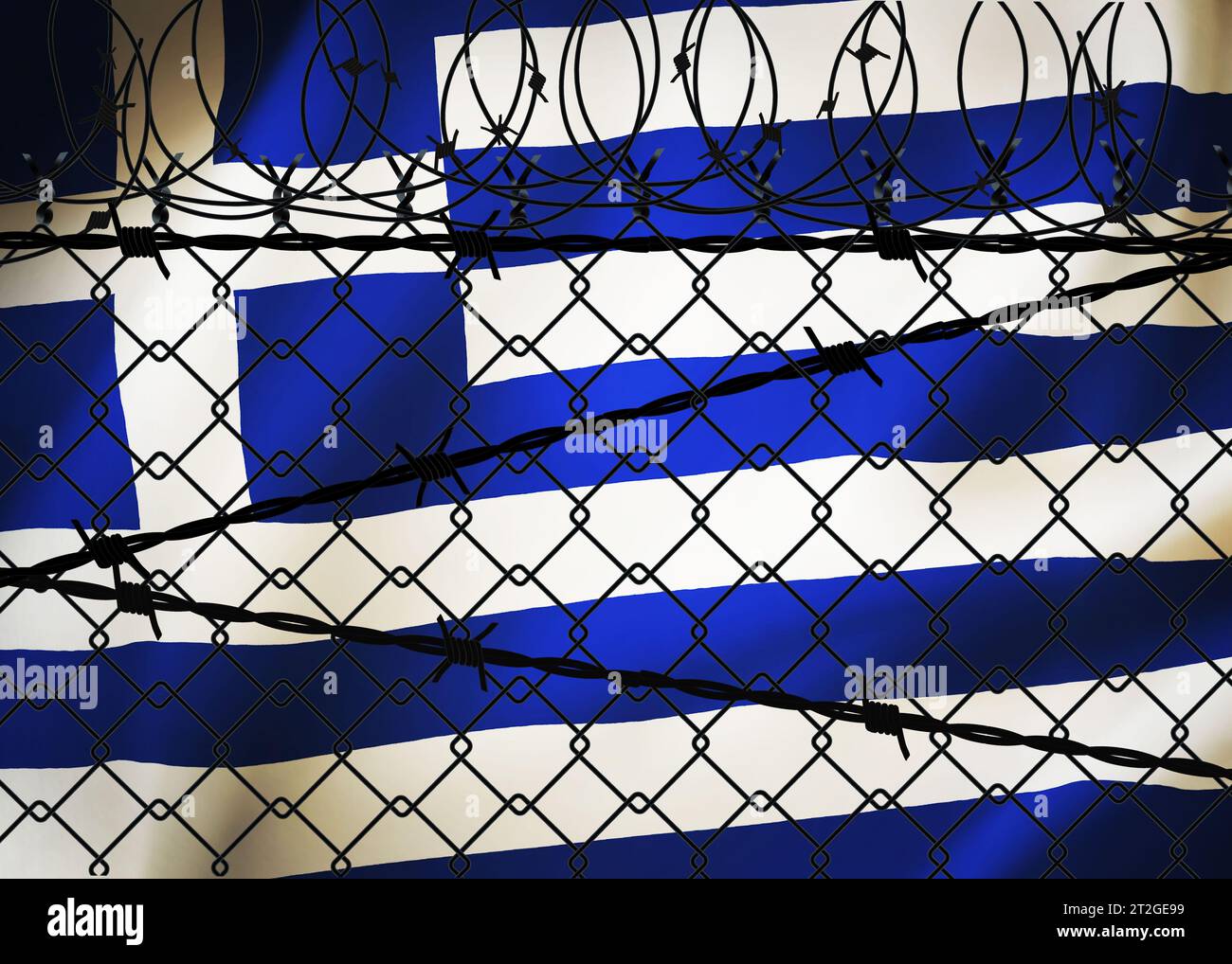 Greece flag behind barbed wire and metal fence Stock Photo - Alamy