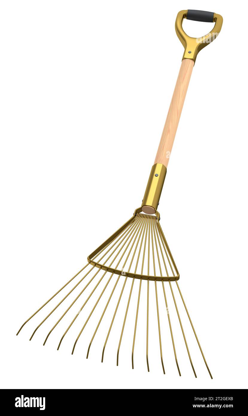 Garden rake with wooden handle for harvesting hay isolated on white ...