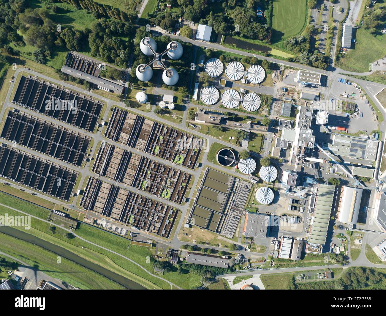 Aerial drone view of a water cleaning facility in Germany, emphasizing ...