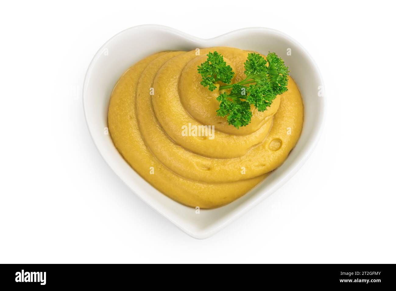 Mustard sauce in ceramic bowl isolated on white background. Top view ...