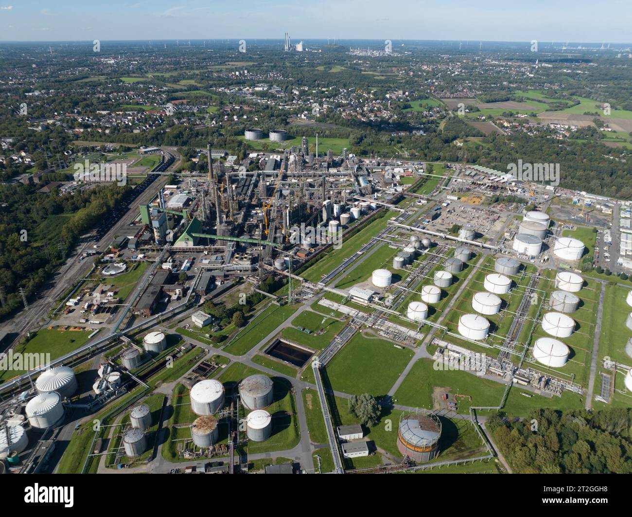 Aerial drone view of Gelsenkirchen Refinery, a large complex refinery ...