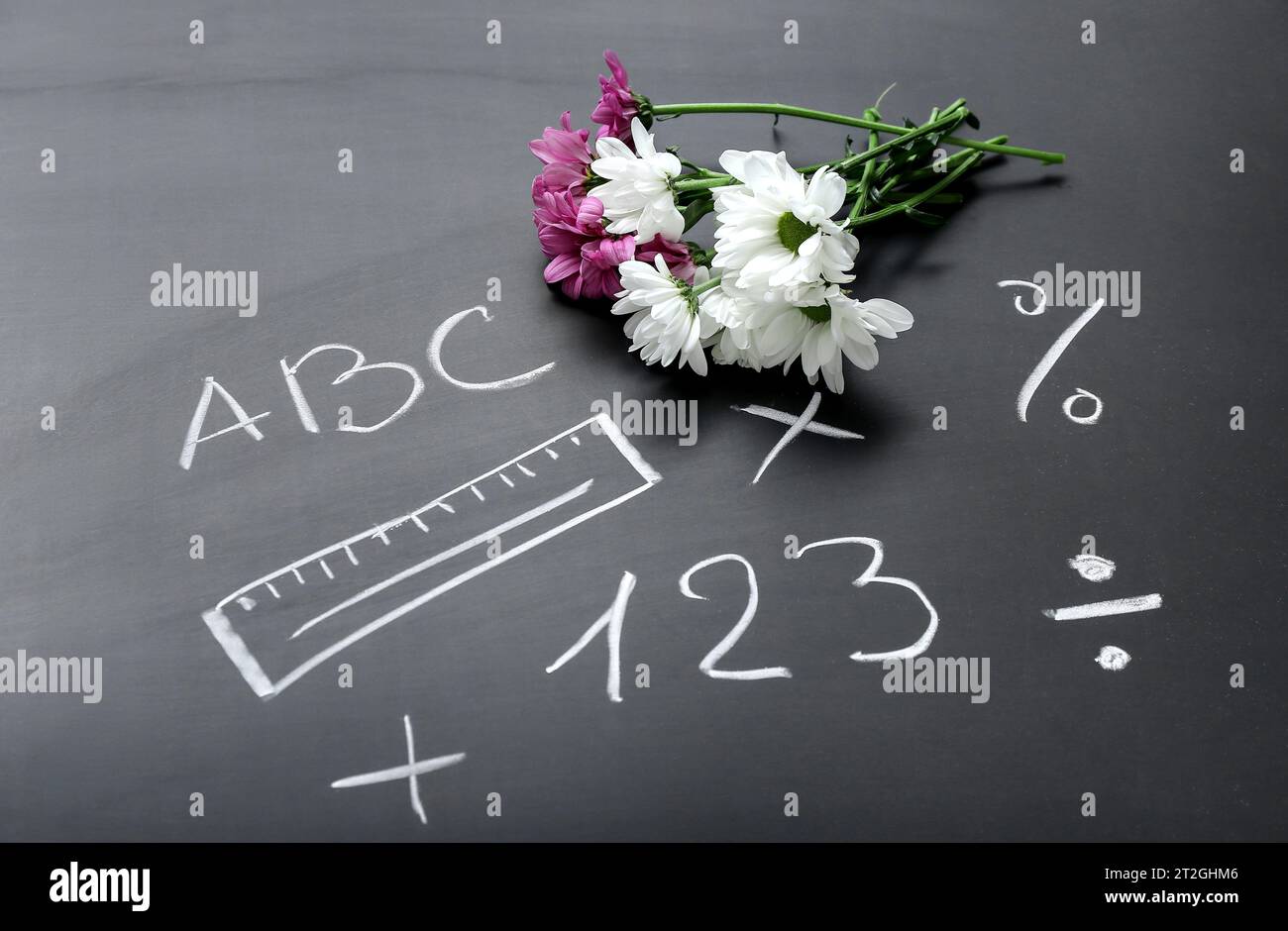 Beautiful flowers with maths signs on black chalkboard. Teacher's Day ...