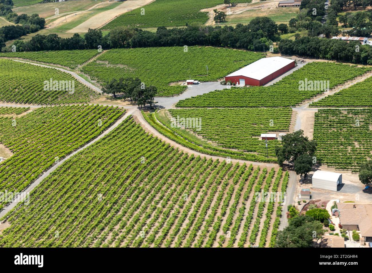 Aerial view of roadways crossing the fertile green crops of norther ...