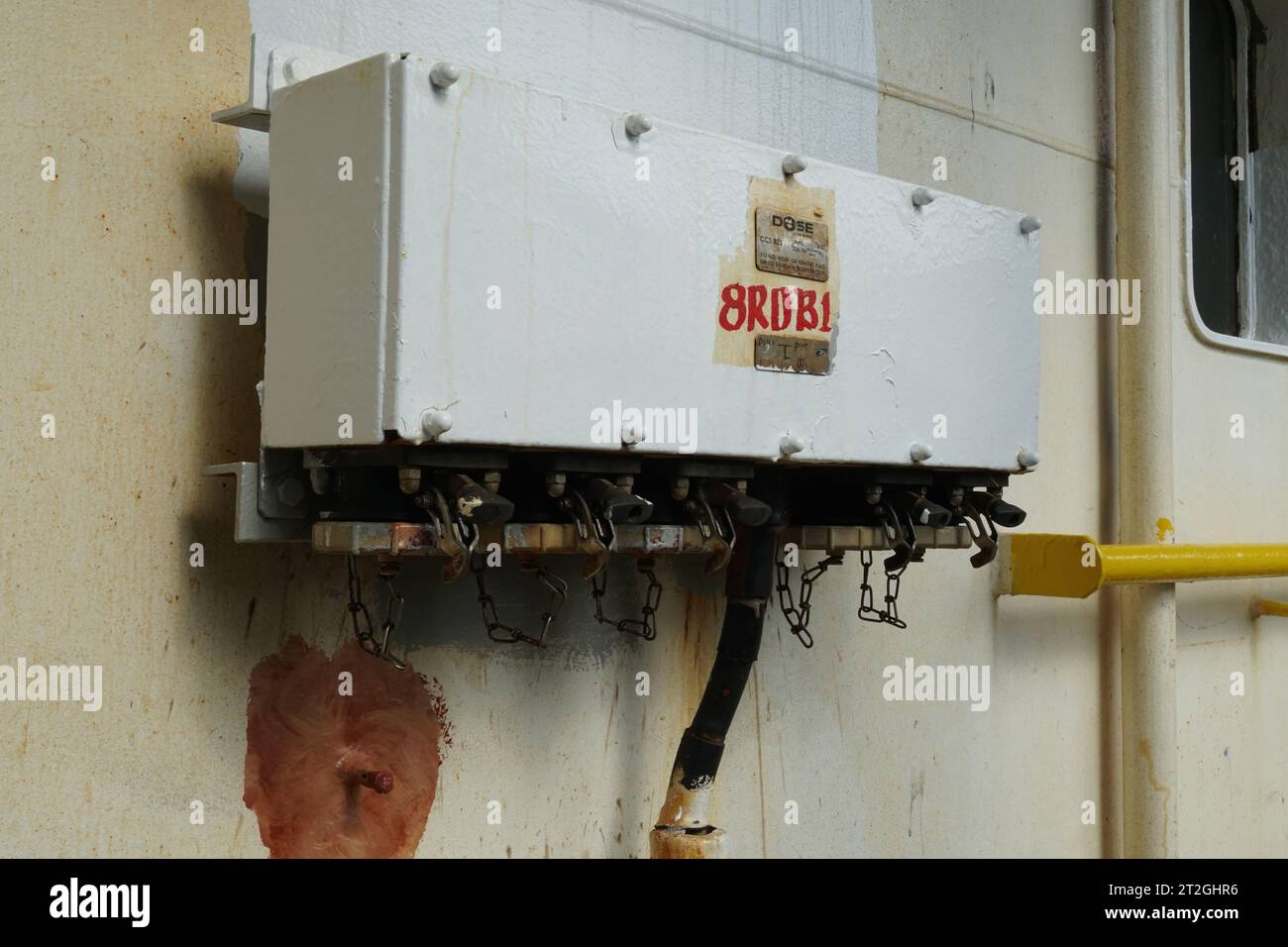 White metal boxes of reefer sockets attached to superstructure of ...