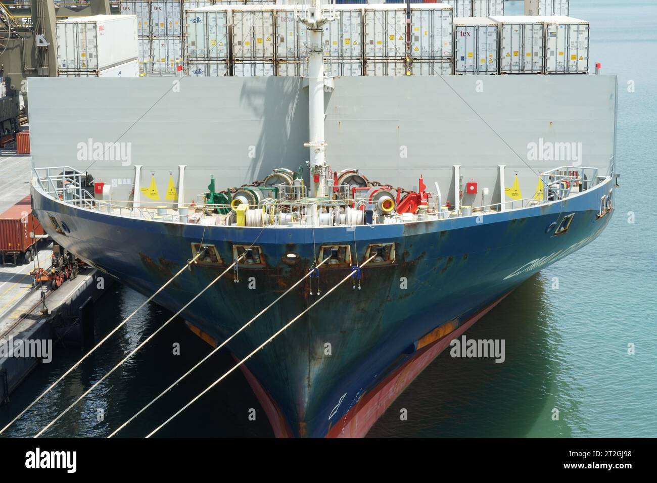 Bow and forward mooring station of the blue fully loaded vessel with ...