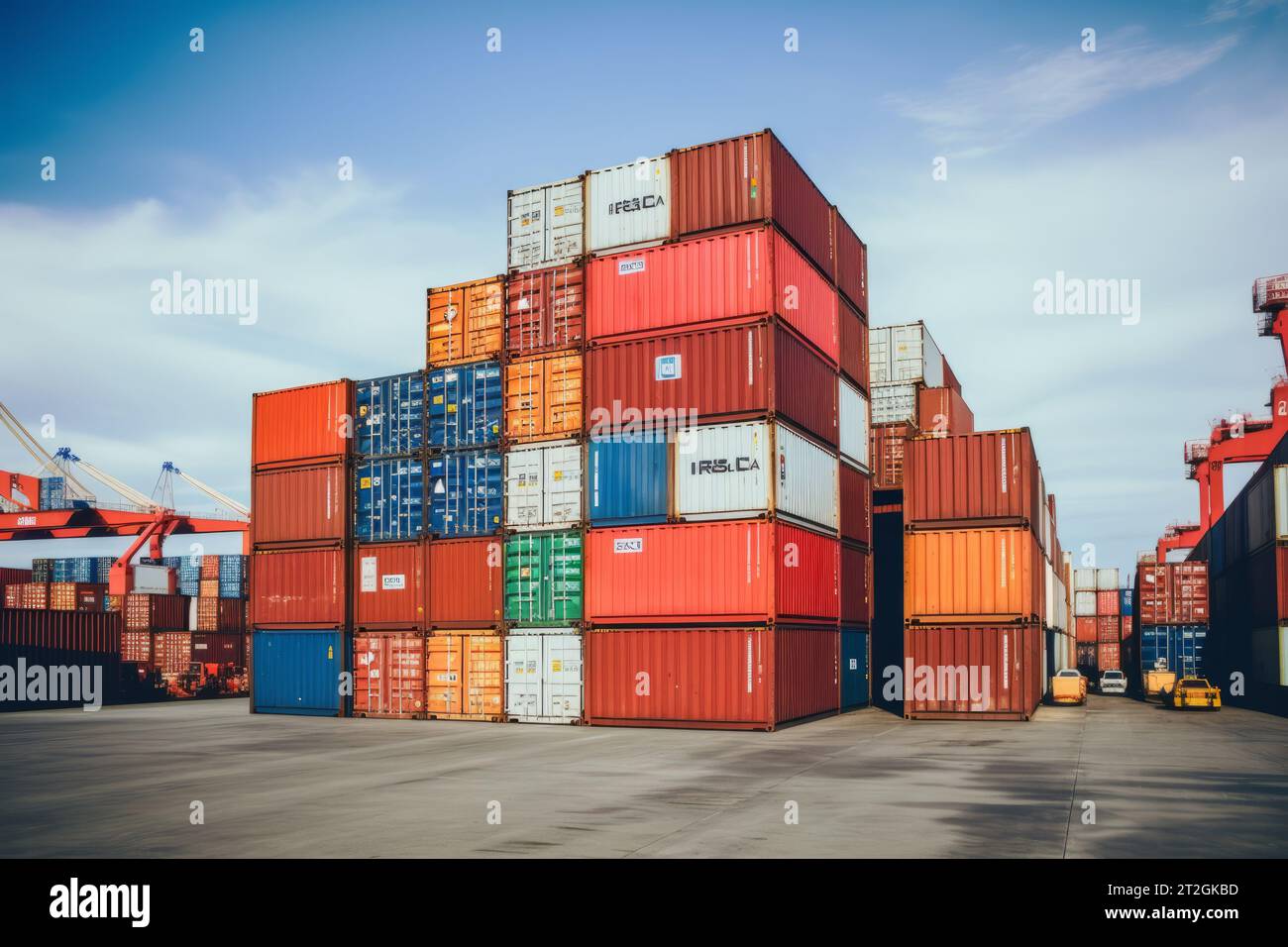 Stack of cargo containers of various colors in a port with copy space ...