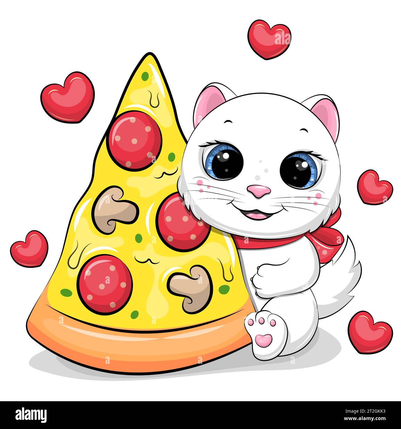 Cute cartoon white cat with a big piece of pizza. Vector illustration ...