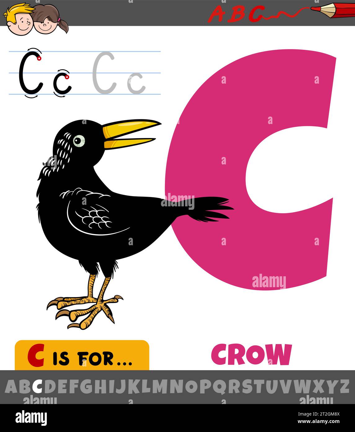 Educational cartoon illustration of letter C from alphabet with crow ...