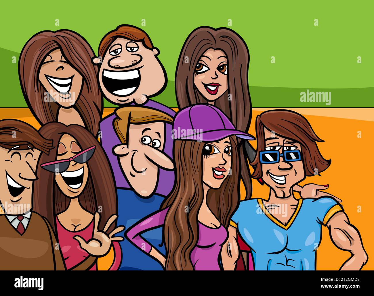 Cartoon illustration of funny young people characters group Stock ...