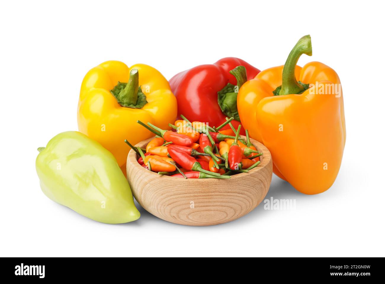 Chili and bell peppers with wooden bowl on white background Stock Photo ...