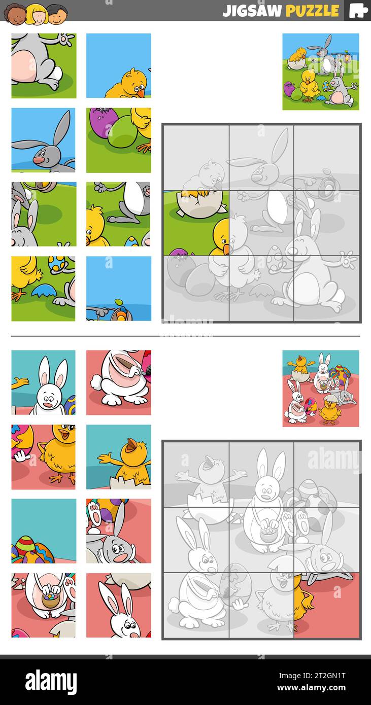 Cartoon illustration of educational jigsaw puzzle activities set with ...
