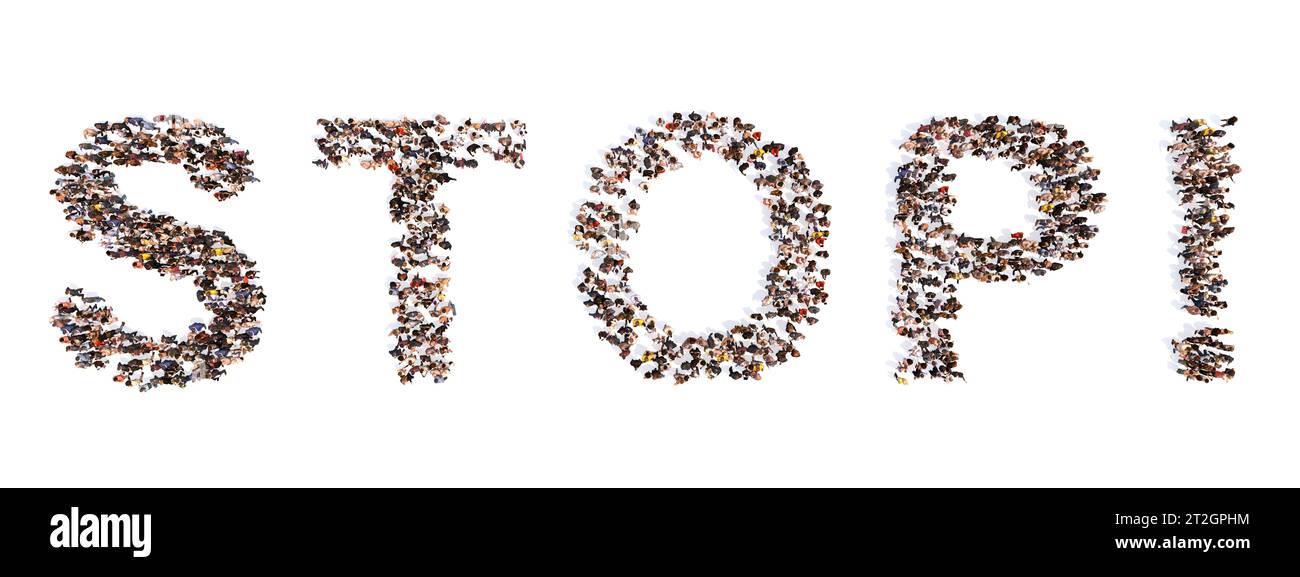 Concept or conceptual large community of people forming the word STOP ...