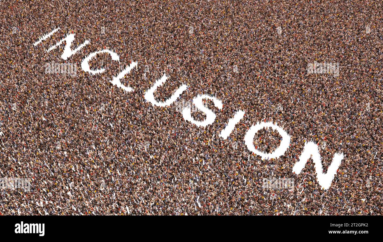 Conceptual large community of people forming INCLUSION word. 3d ...