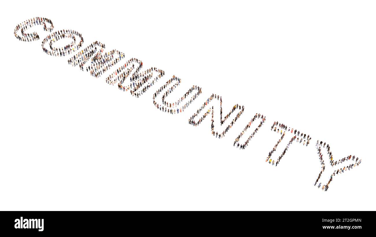 Concept conceptual large community of people forming COMMUNITY word. 3d ...