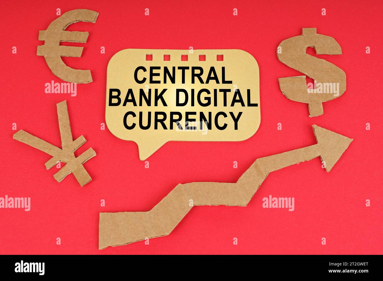 Business concept. On the red surface there are money symbols, an arrow ...