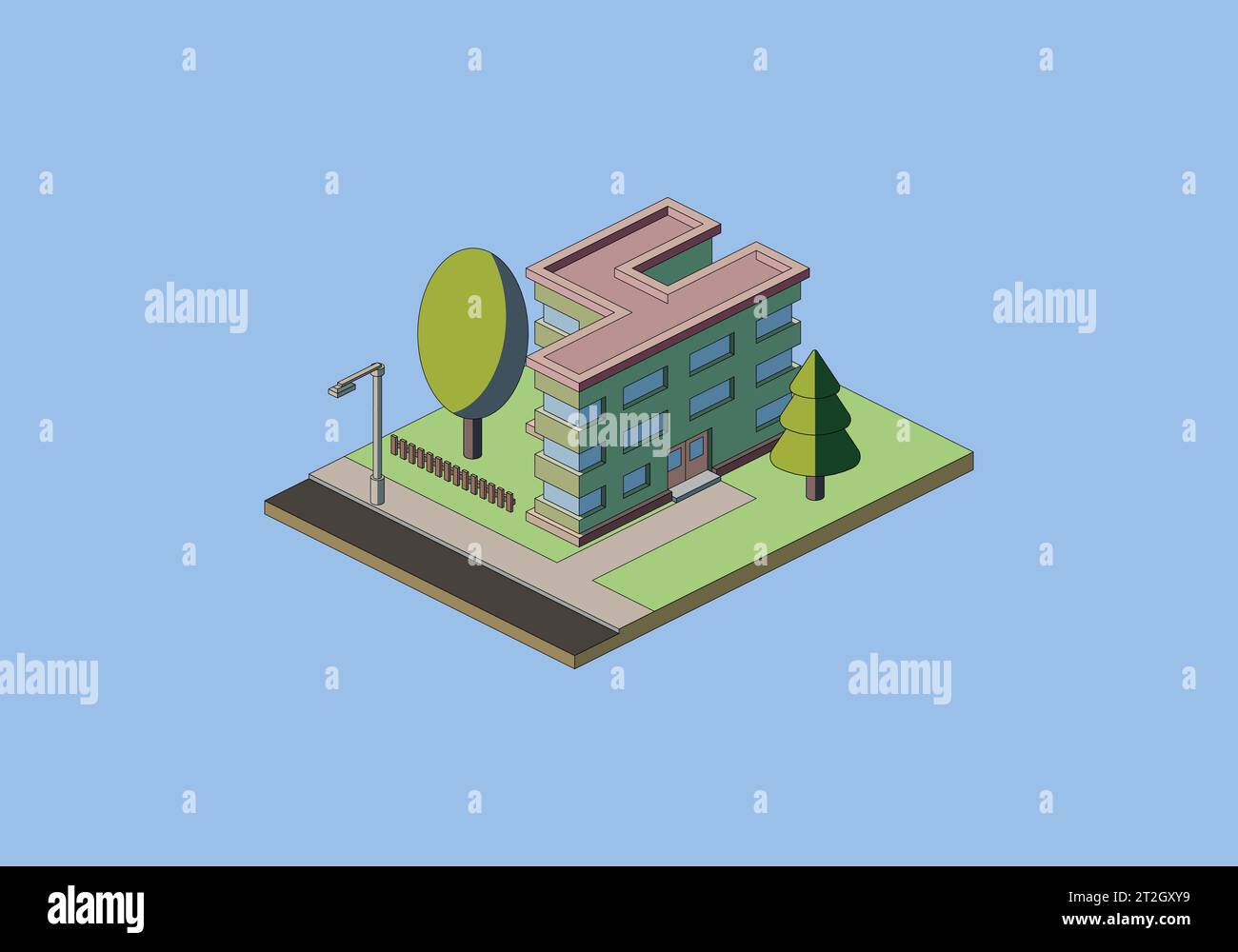 Isometric building with road and trees, vector illustration Stock ...