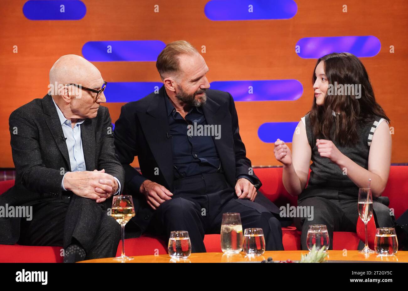 EDITORIAL USE ONLY Sir Patrick Stewart, Ralph Fiennes and Bella Ramsey ...