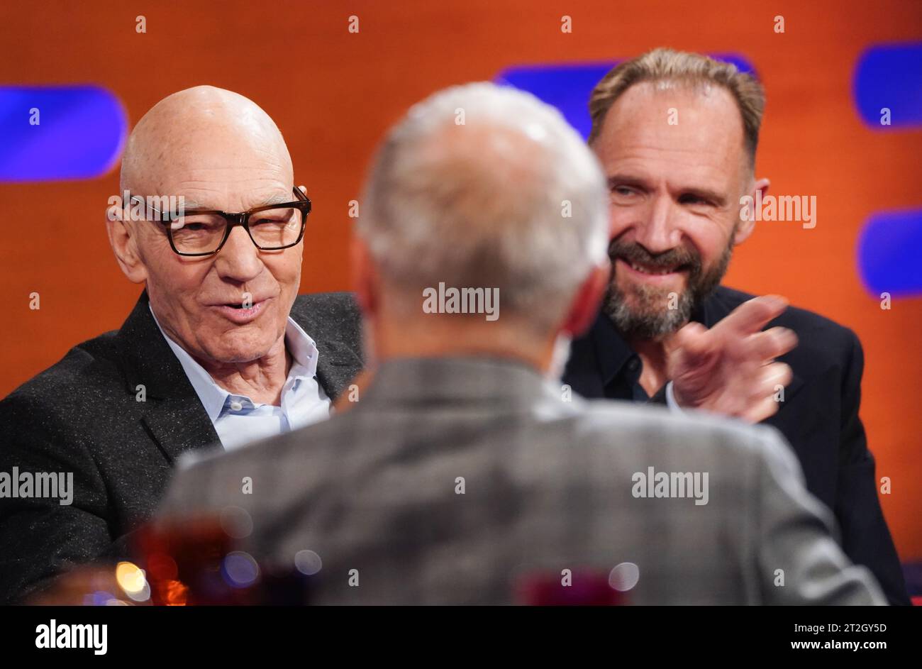 EDITORIAL USE ONLY Sir Patrick Stewart, Graham Norton and Ralph Fiennes ...