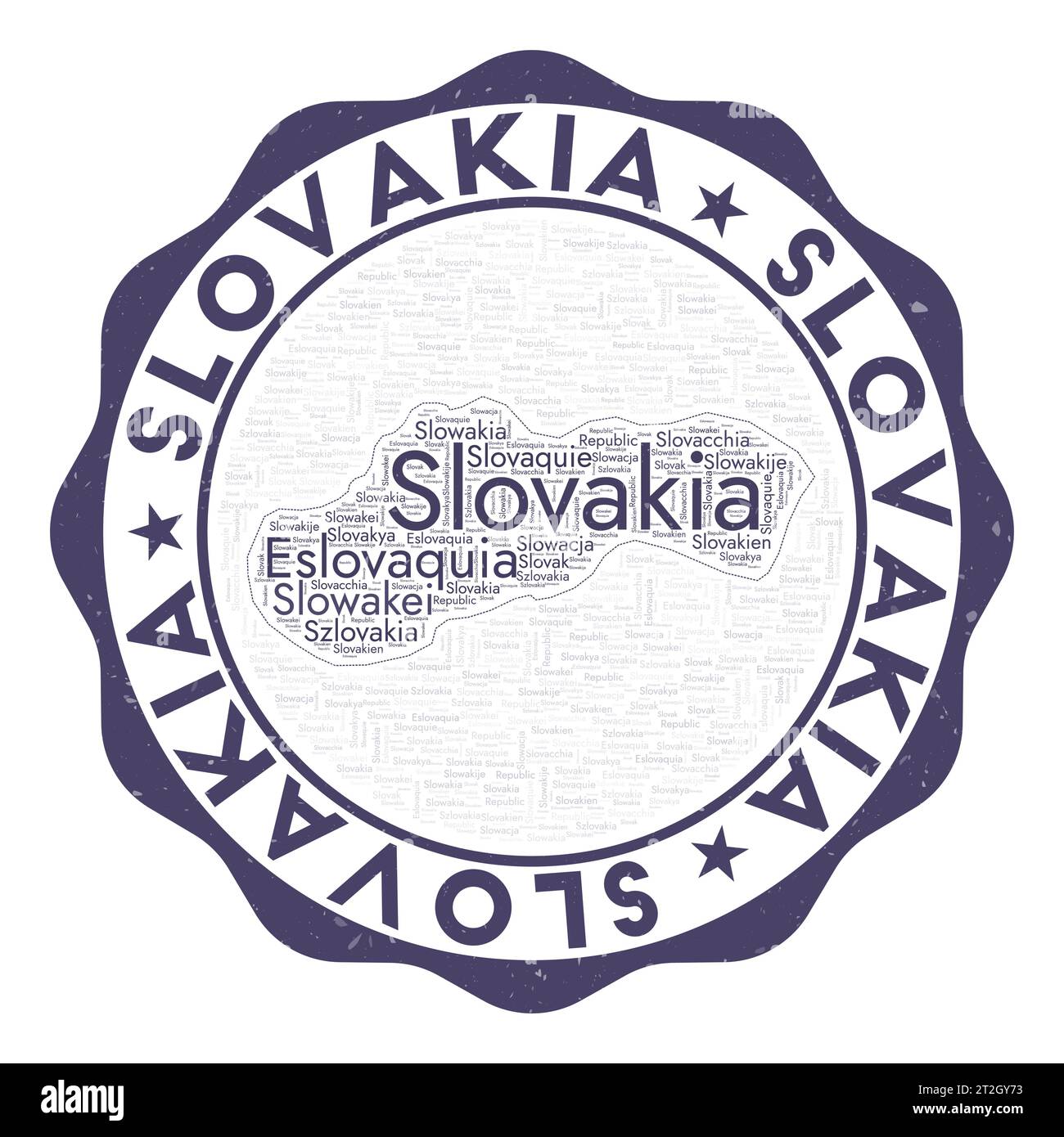 Slovakia logo. Appealing country badge with word cloud in the shape of Slovakia. Round emblem ...