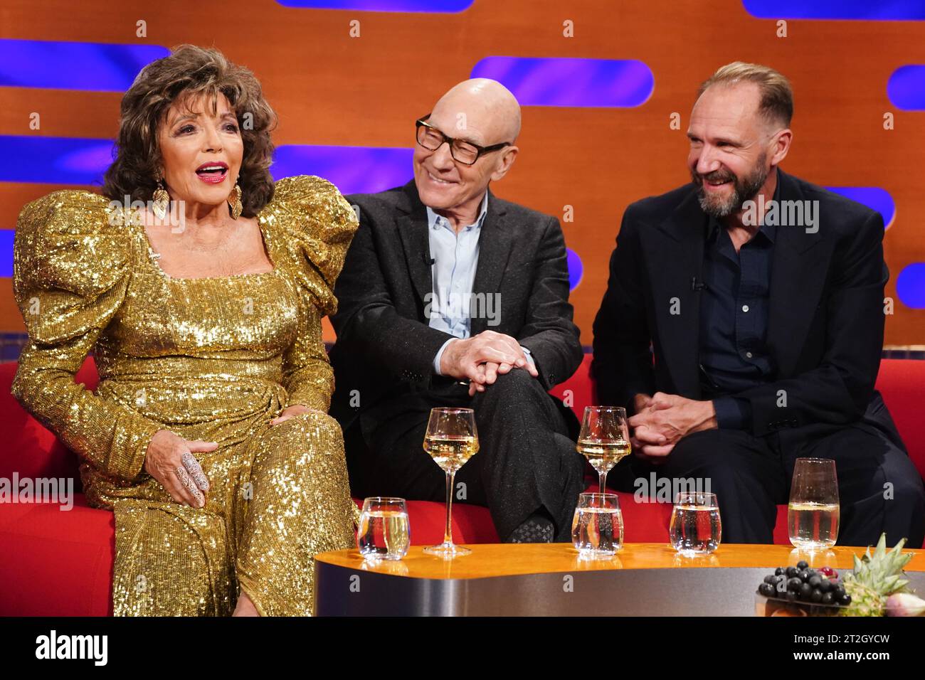 EDITORIAL USE ONLY Dame Joan Collins, Sir Patrick Stewart and Ralph ...