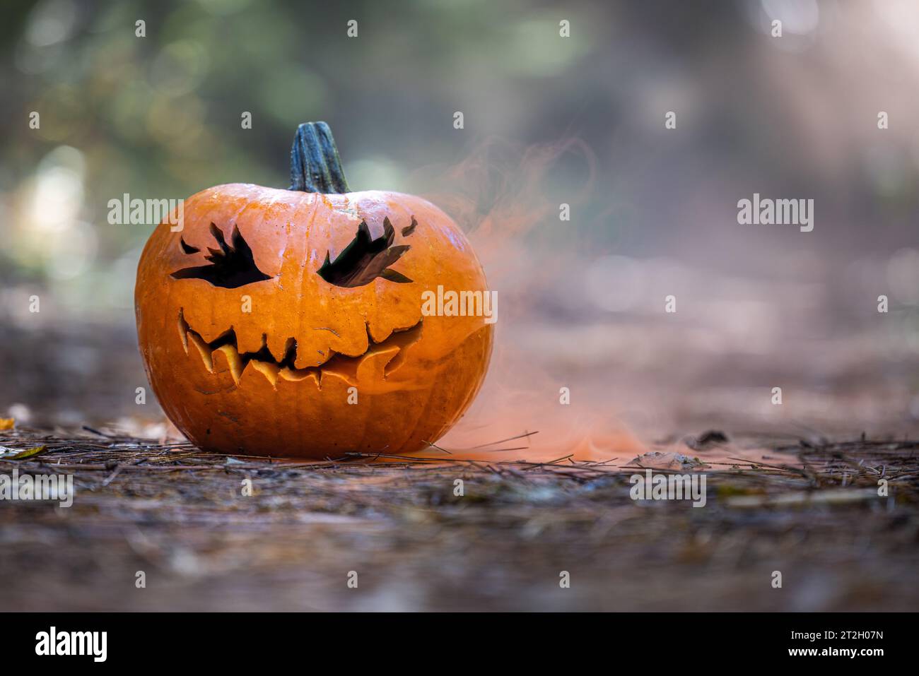 close up of a carved pumpkin for halloween with smoke coming out of the ...