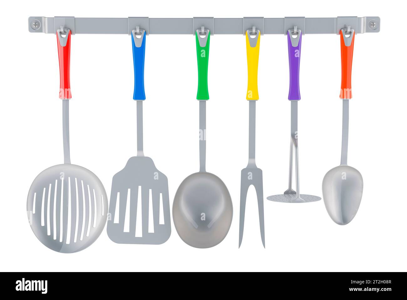 Kitchen utensils on a kitchen hook strip, 3D rendering isolated on ...