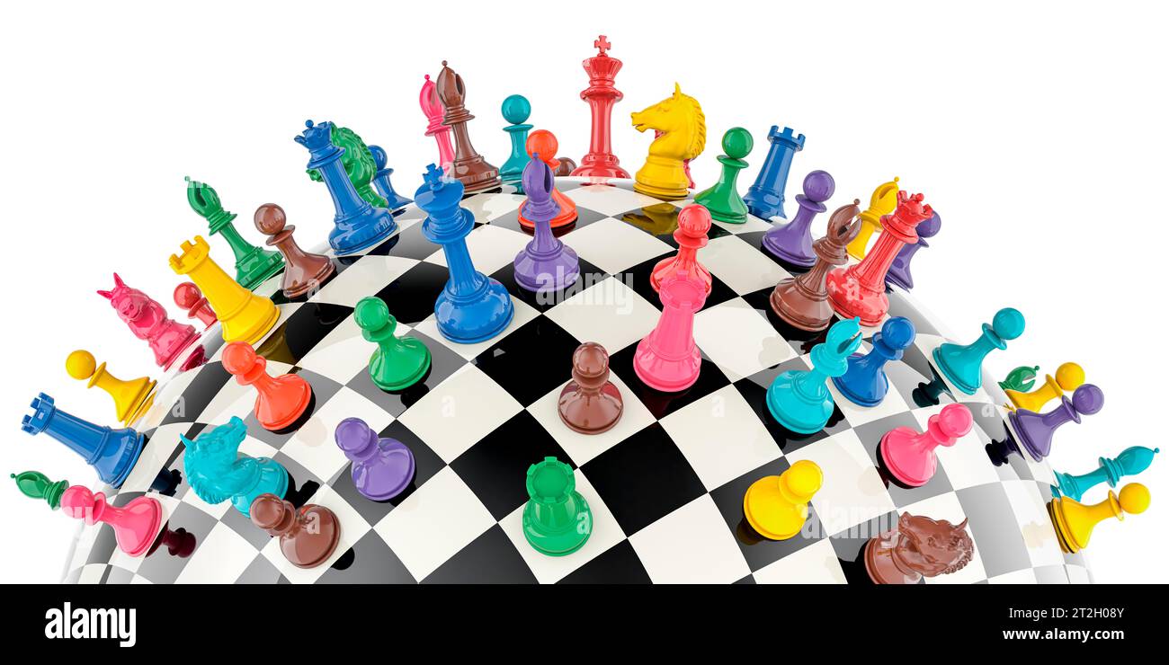 Checkered sphere as chess board with colored chess pieces. 3D rendering ...