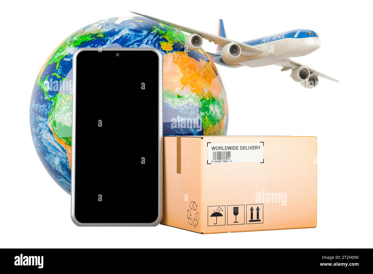Parcel with mobile phone, Earth Globe and aeroplane. Global air freight ...