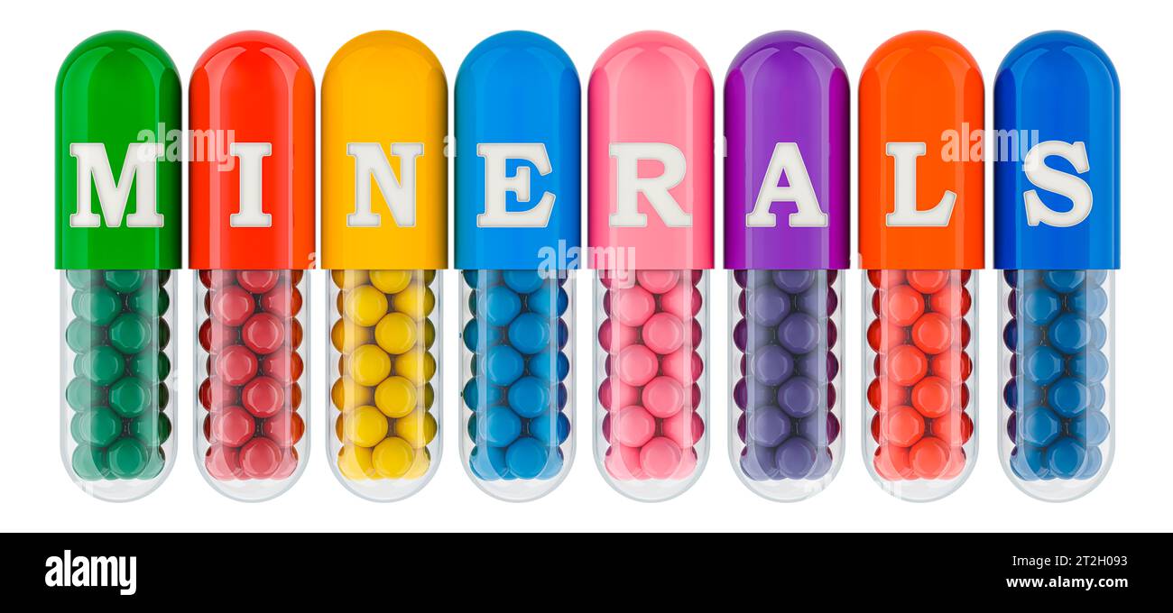Minerals, microelements and elements in capsules, 3D rendering isolated ...