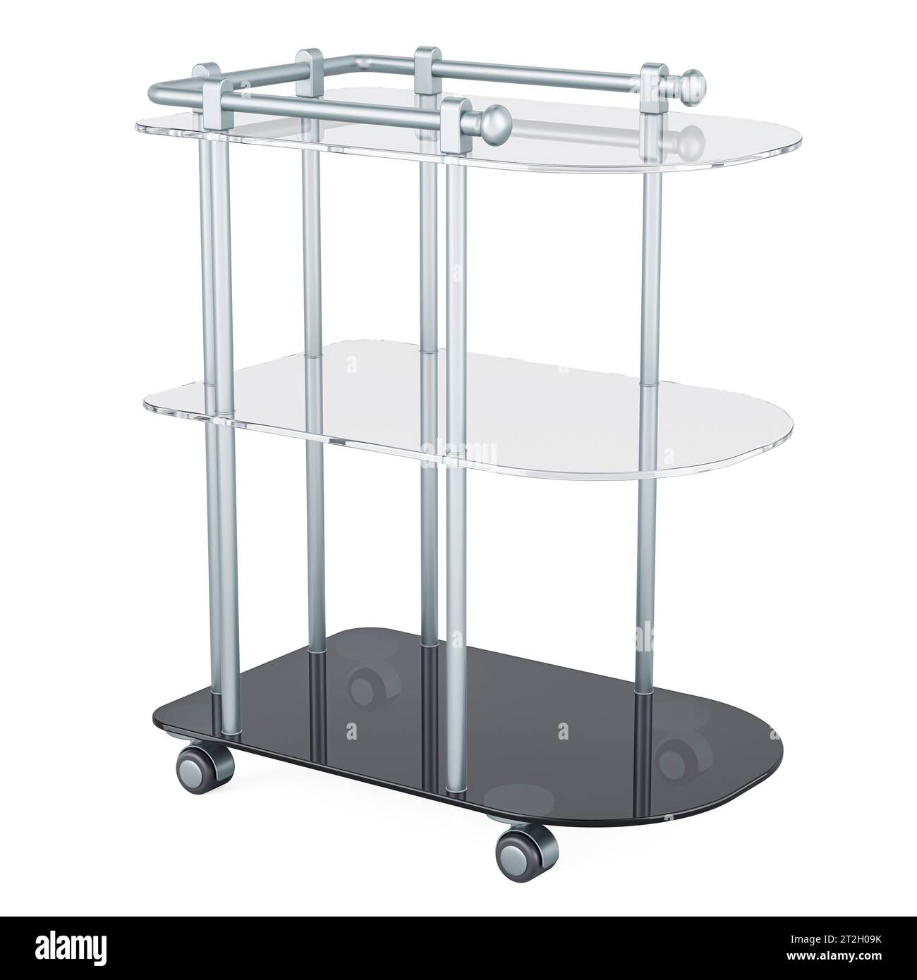 Serving cart. Table from metal and glass with wheels. 3D rendering ...
