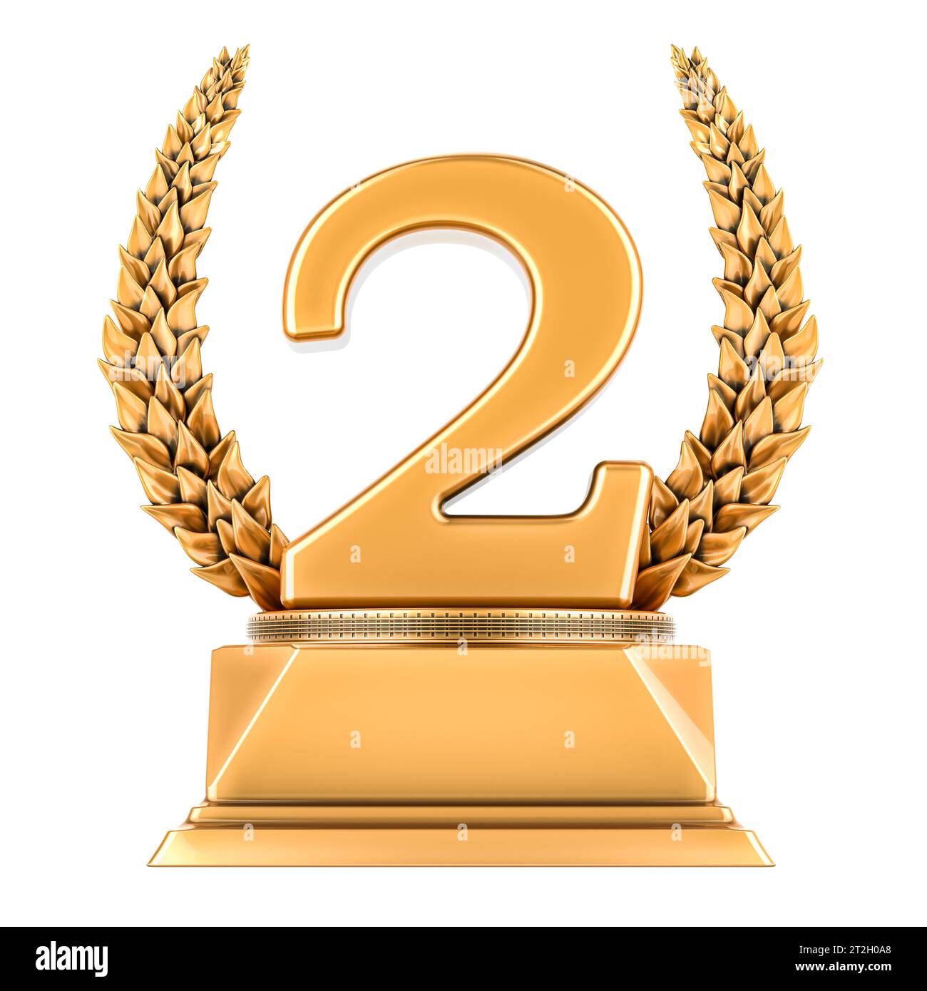 Second 2 place golden trophy cup, 3D rendering isolated on white ...