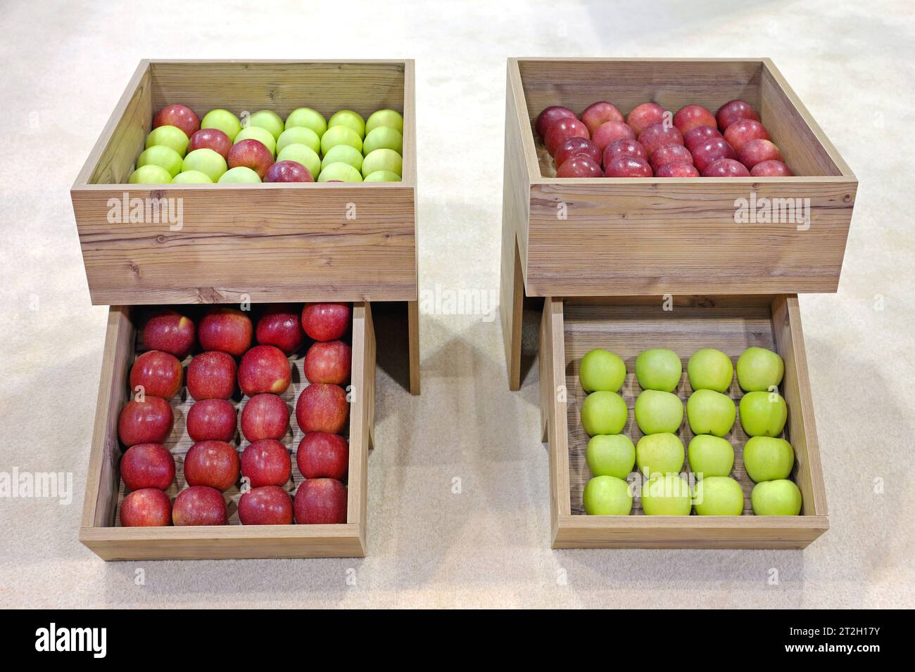 Green and Red Apples in Wooden Crates Fruits Display Case Stock Photo ...