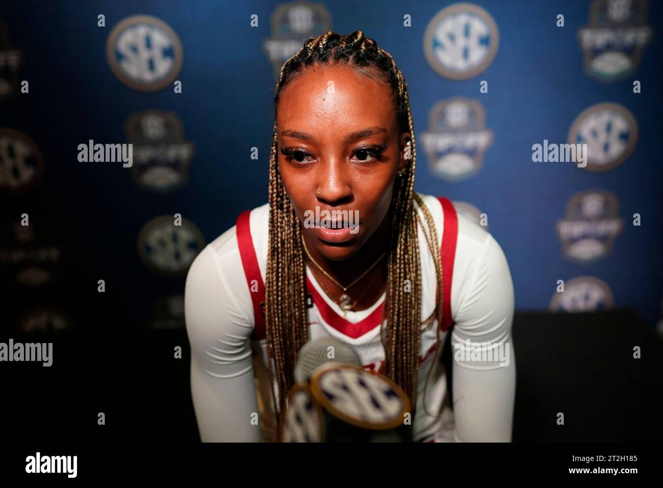 Arkansas NCAA women's college basketball player Samara Spencer speaks during Southeastern ...