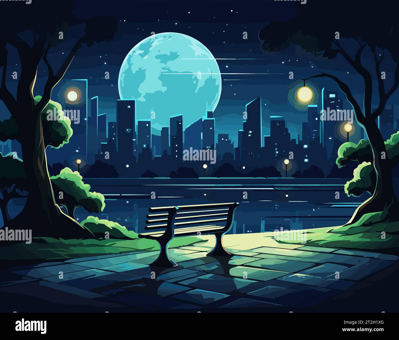 Bench overlooking moonlit city skyline Stock Vector Image & Art - Alamy