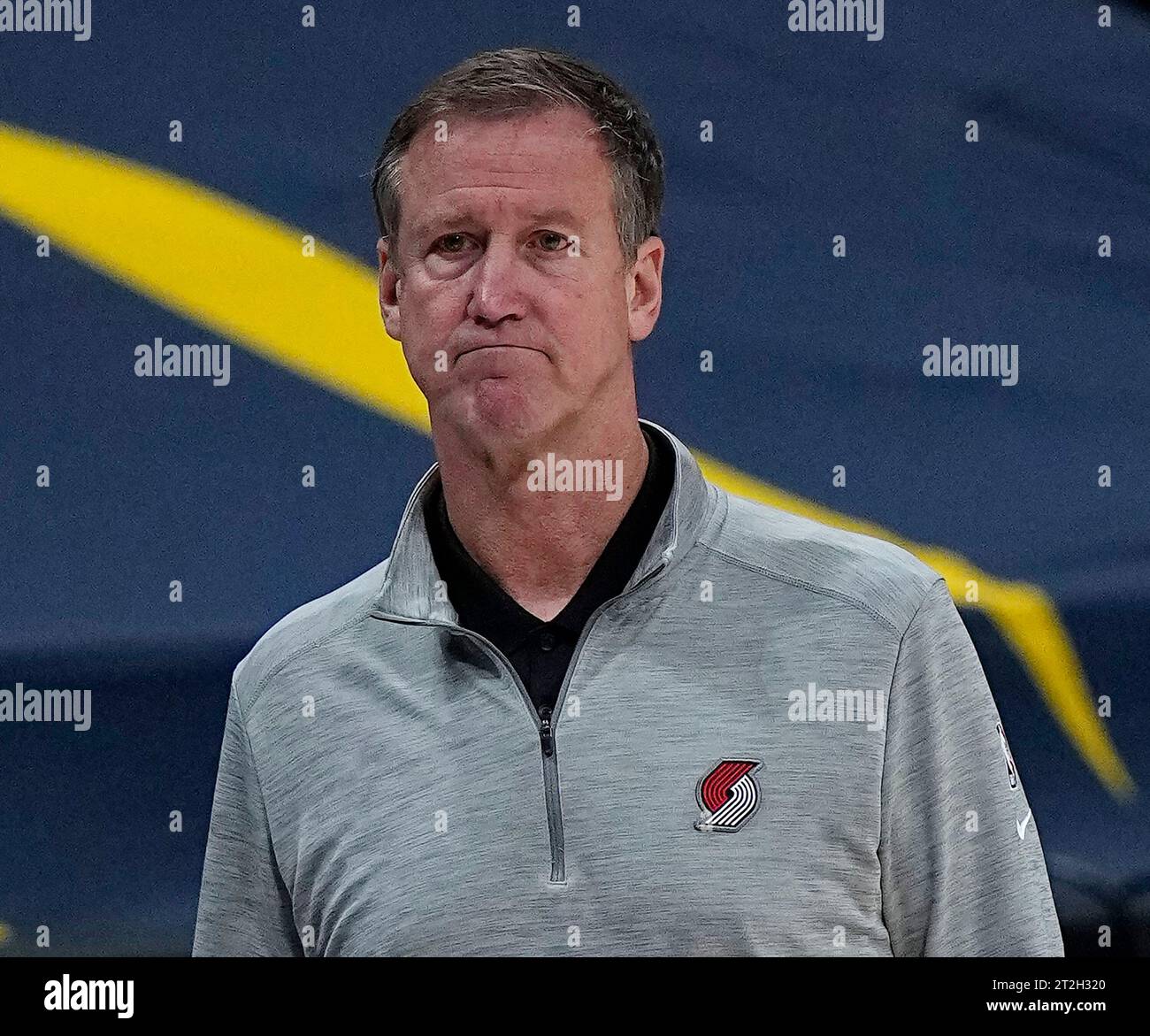 FILE - Portland Trail Blazers head coach Terry Stotts reacts to a ...