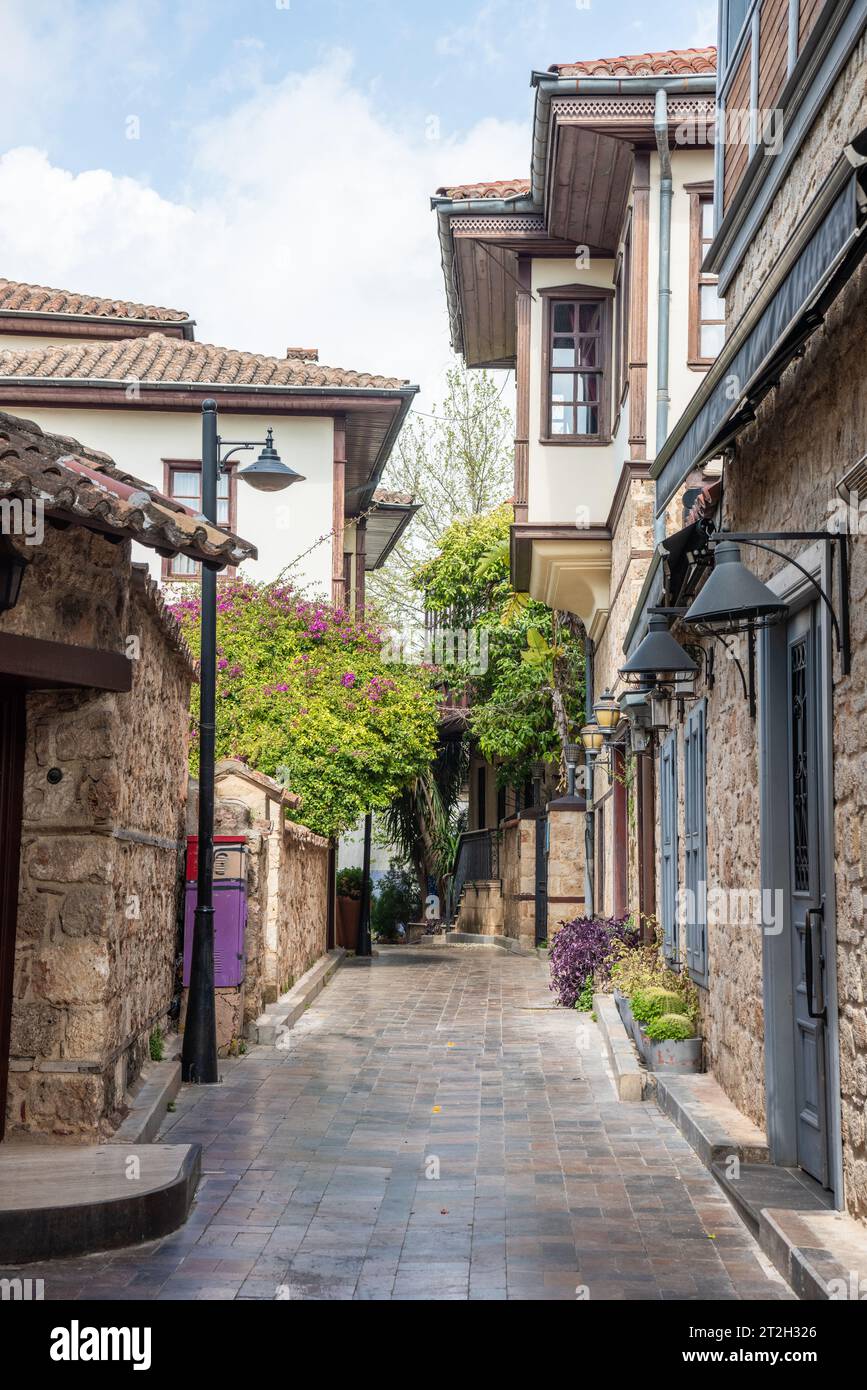 Street view in Kaleici historic district in Antalya, Turkey. View with ...