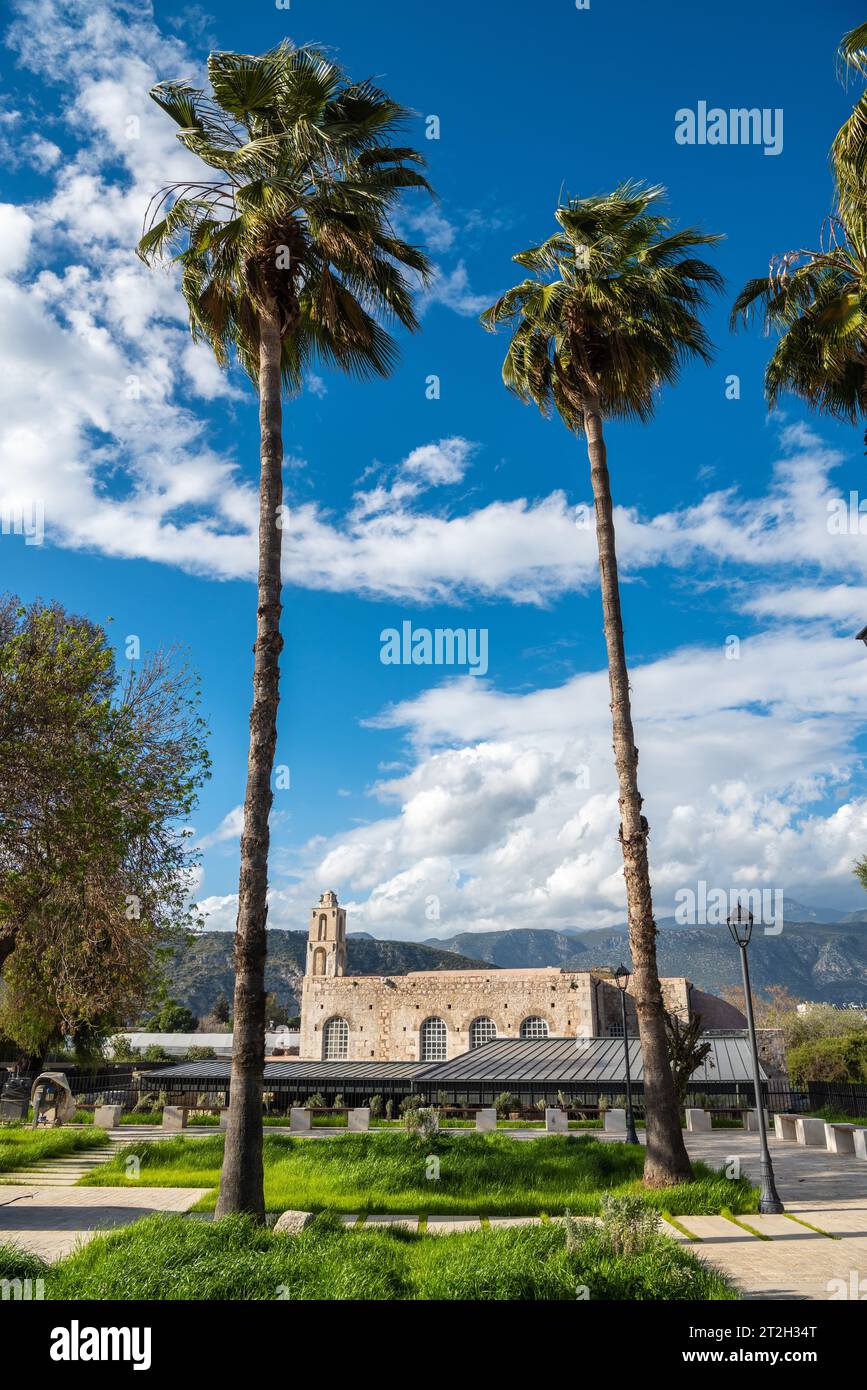 Palm trees and St Nicholas Church in Demre town of Antalya province ...