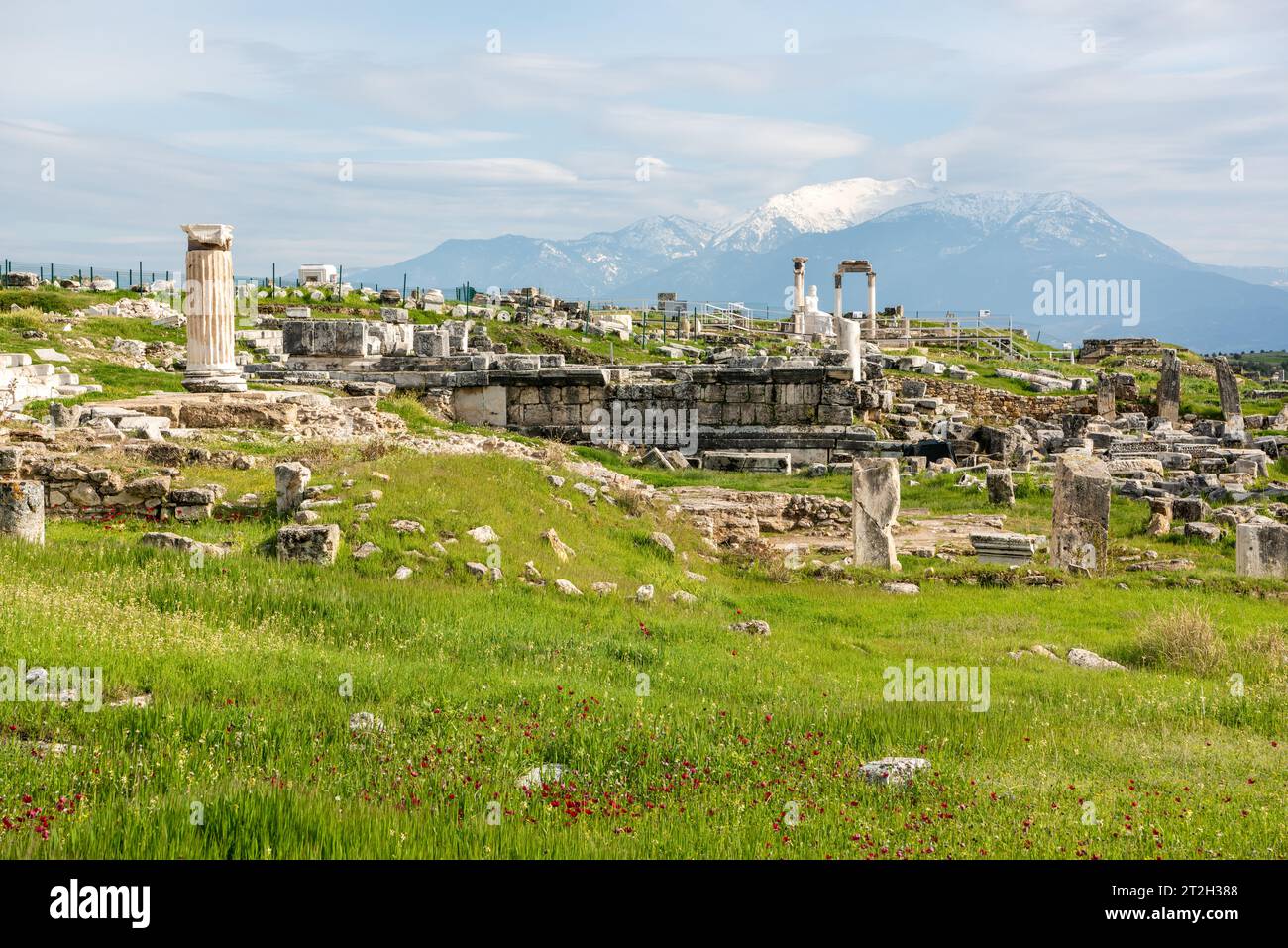 Ruins of Hierapolis ancient site in Pamukkale, Turkey. Hierapolis was ...