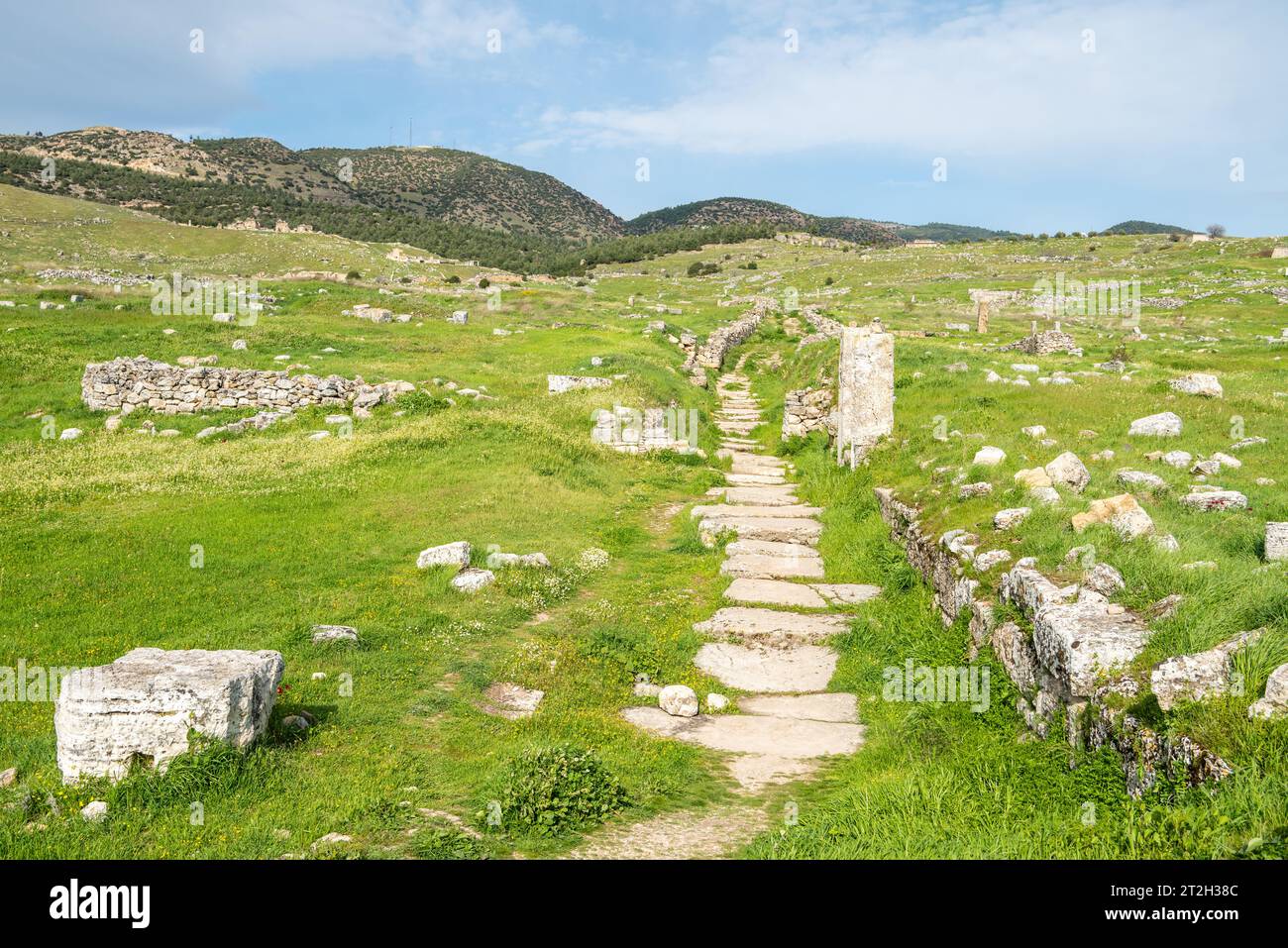 Stone path through the ruins of Hierapolis ancient site in Pamukkale ...
