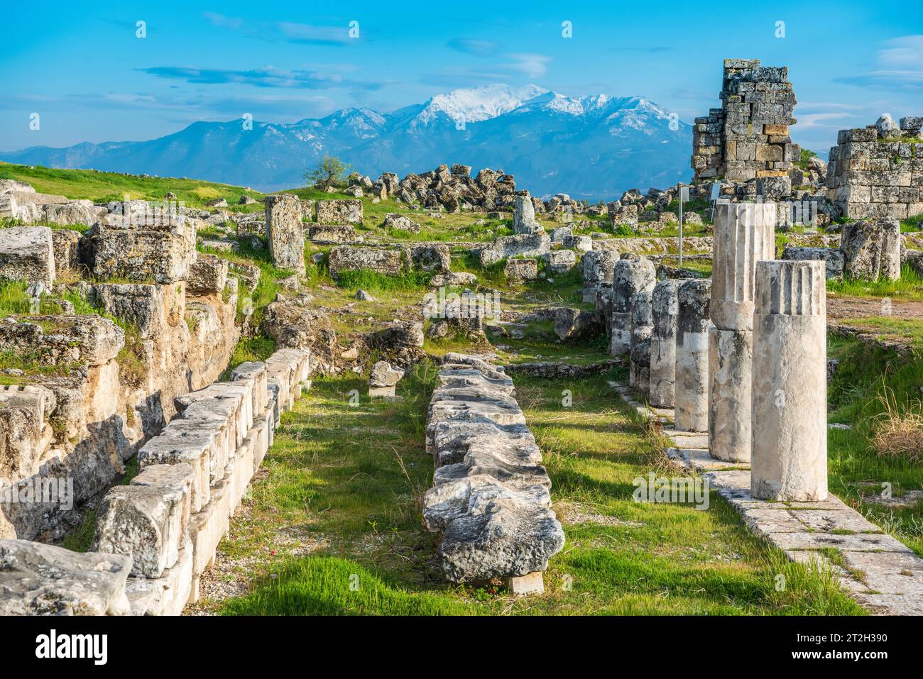 Ruins of Hierapolis ancient site in Pamukkale, Turkey. Hierapolis was ...
