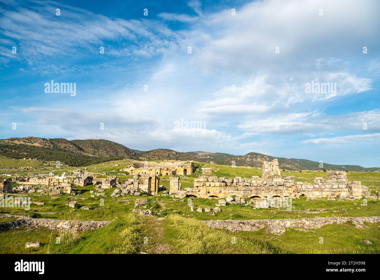 Ruins of Hierapolis ancient site in Pamukkale, Turkey. Hierapolis was ...