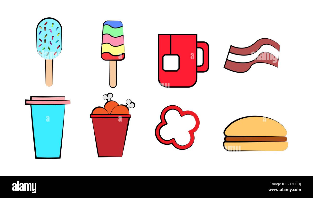 Set of eight icons of delicious food and snacks items for a restaurant ...