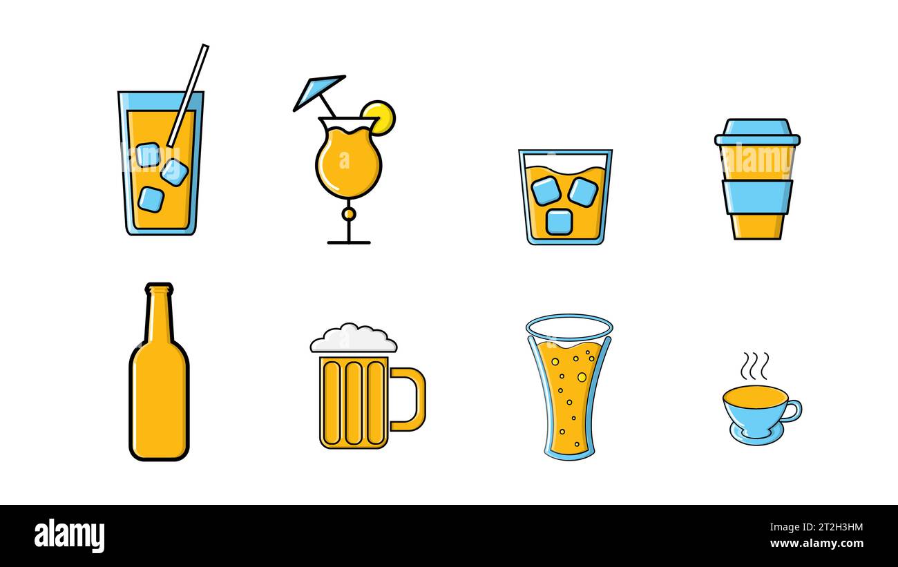 Icons set of alcoholic and non-alcoholic drinks bottles and mugs of tea ...