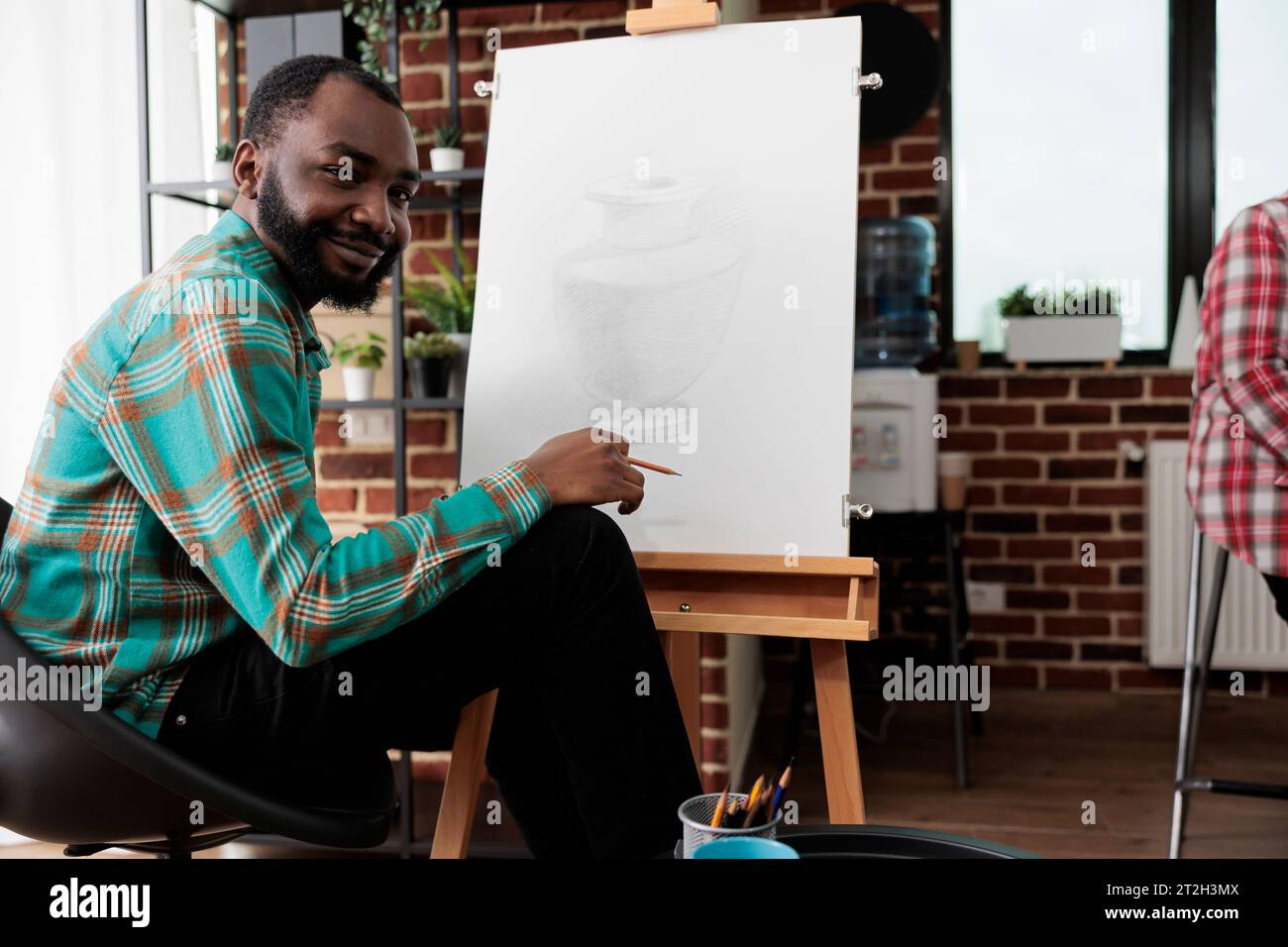 Art activities and wellbeing. Portrait of happy smiling African ...