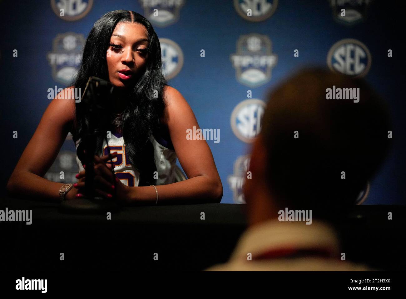 LSU NCAA women's college basketball player Angel Reese speaks during ...